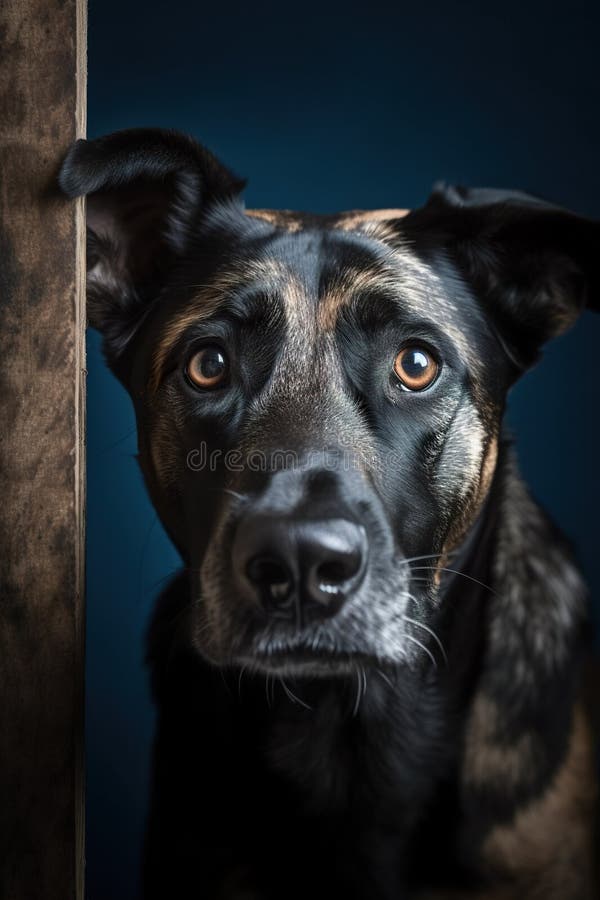 Portrait of a Black Dog Looking Out from Behind a Blue Wall. Stock ...