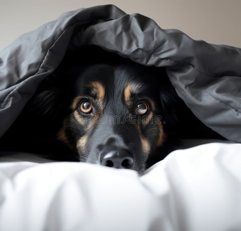 Portrait of a Black Dog Under a Blanket on a Colored Background. Stock ...