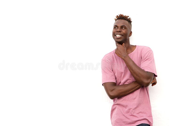 Black Guy Looking Away at Copy Space and Smiling Against White ... Black Guy Looking Away at Copy Space and Smiling Against White ...