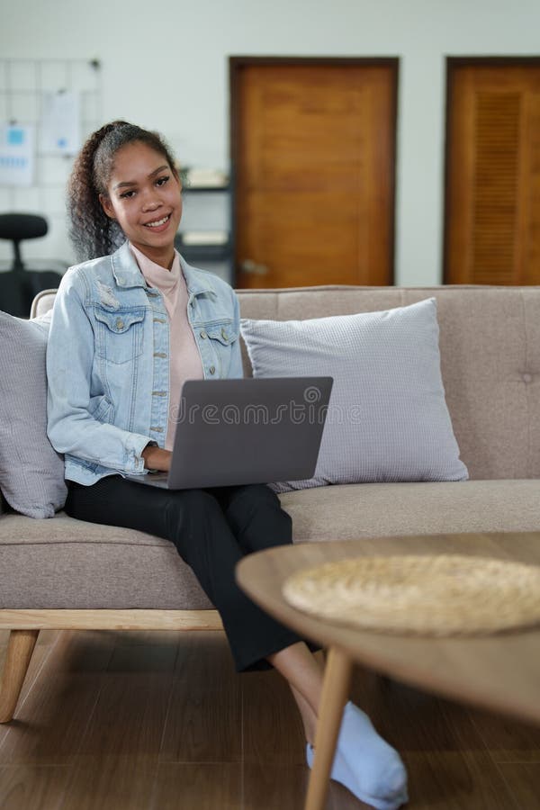 Portrait of a Black Person Using a Computer at Home Stock Image - Image ...