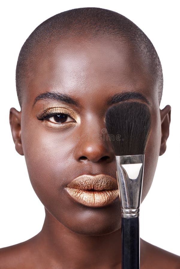 Portrait Of Black Woman Brush Or Makeup With Lipstick Cosmetics Or