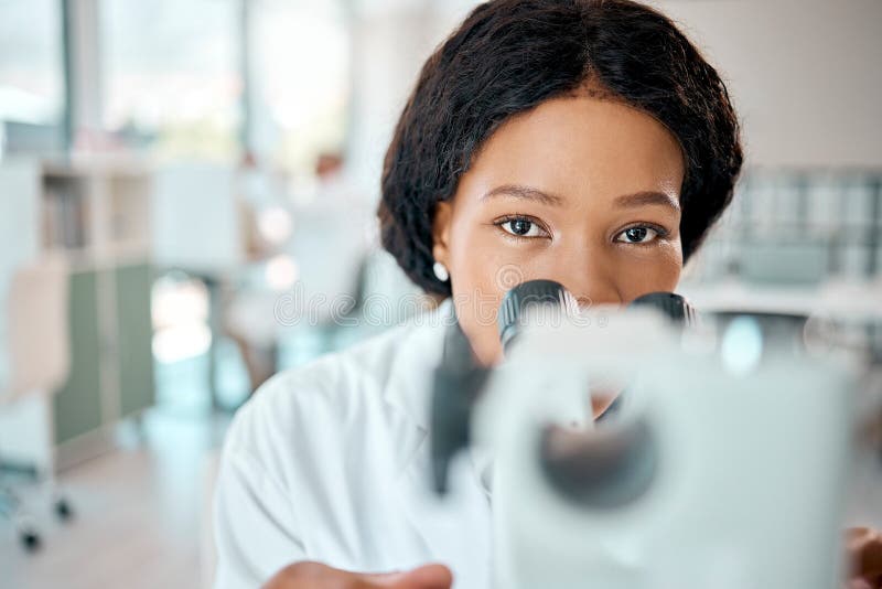 Portrait, Black Woman and Scientist with Microscope in Lab for ...