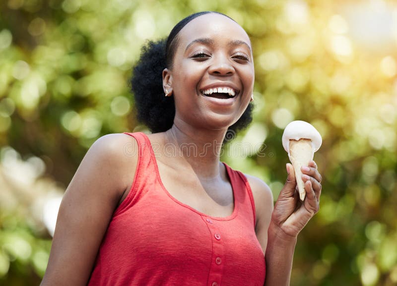 Portrait Black Woman And Smile With Ice Cream Cone For Dessert Cool