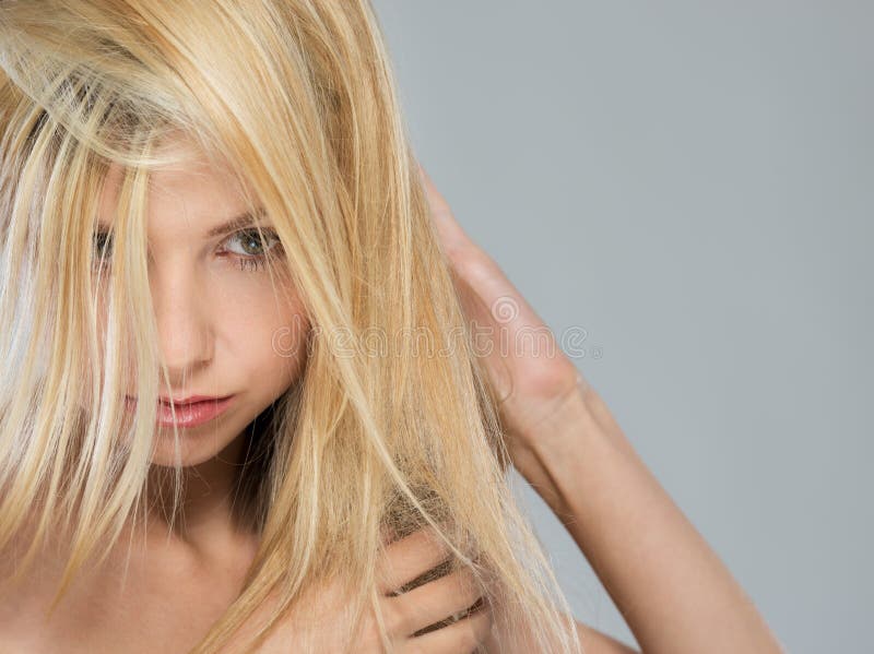 Portrait of Blond Girl with Falling on Face Hair Stock Photo - Image of ...
