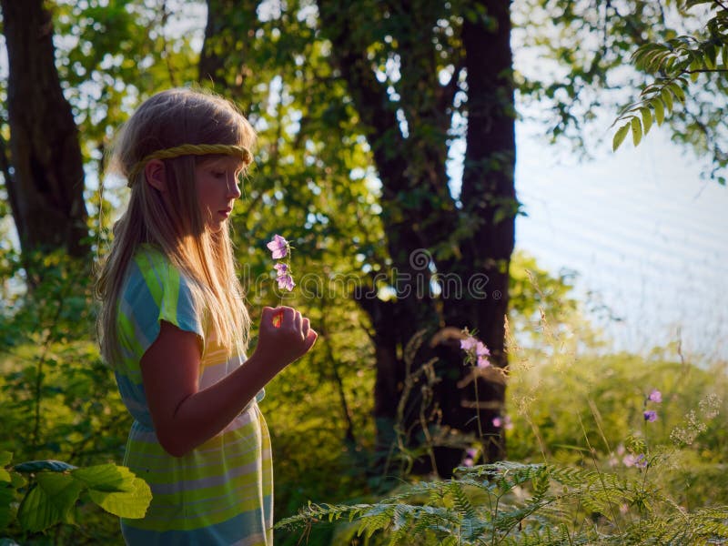 Portrait of a Blonde Girl with Blue Eyes at Sunset in the Backlight ...