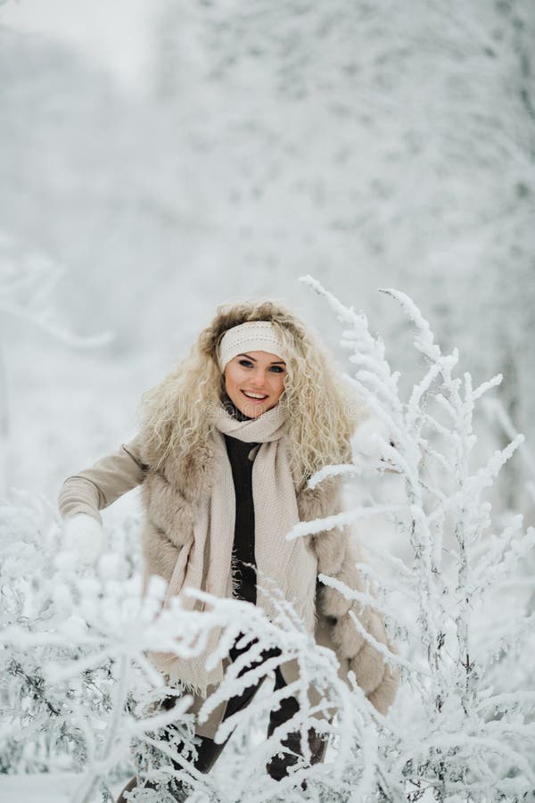 Portrait Of Blonde Woman On Walk In Winter Forest Stock Image Image
