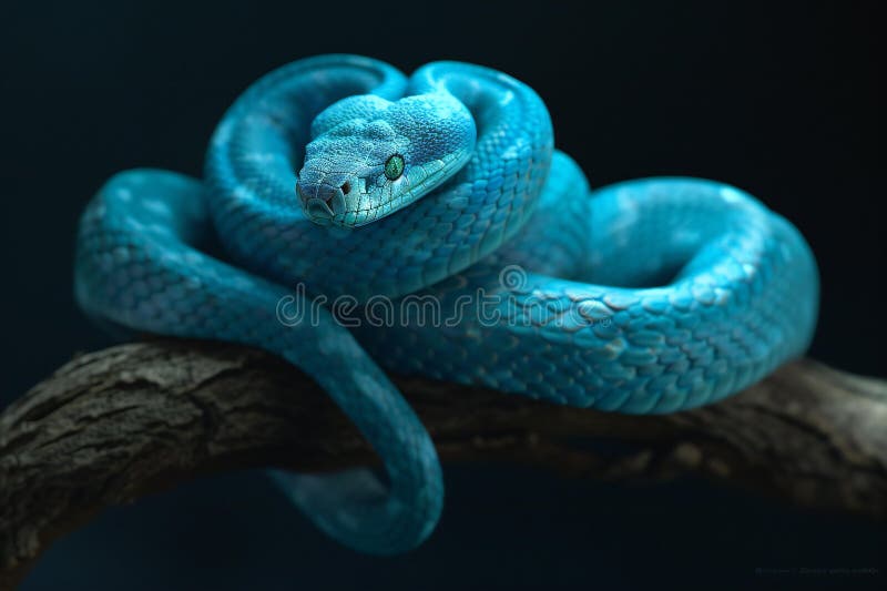 Portrait of a Blue Snake on a Tree Branch on a Black Background Stock ...