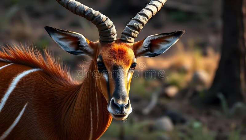 Portrait of a Bongo Antelope with Rich Reddish Coat and White Stripes ...