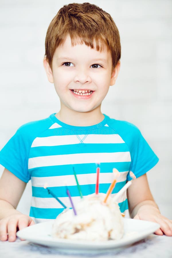 Portrait of a Boy with a Cake and Candles. Stock Photo - Image of face ...