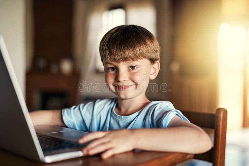 Portrait, Boy and Laptop with Help for Homework, Study and Online for ...