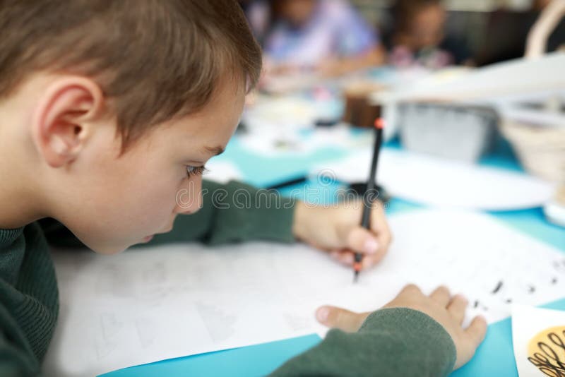 Learning Calligraphy in Art Workshop. Teacher and Students. Art School ...