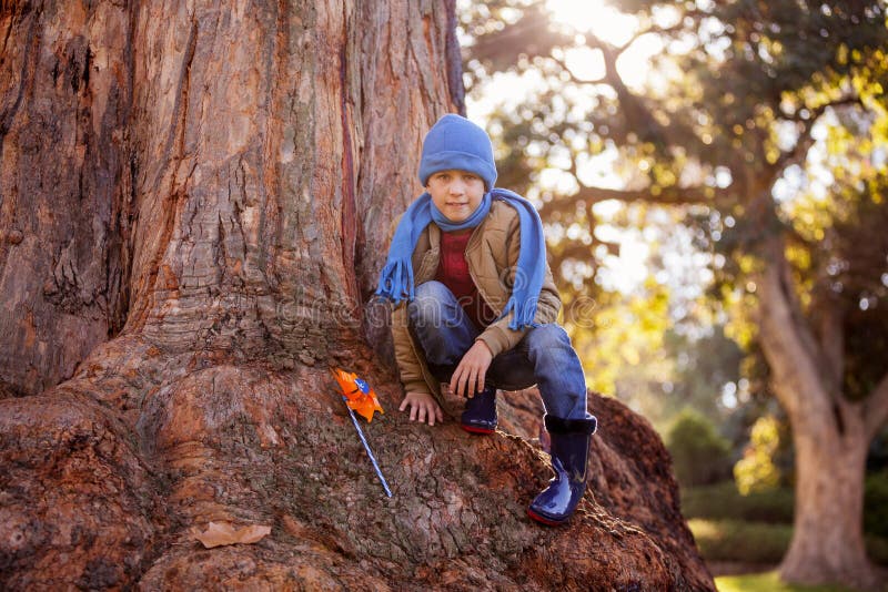Portrait of Boy with Pinwheel while Crouching on Tree Trunk Stock Photo ...