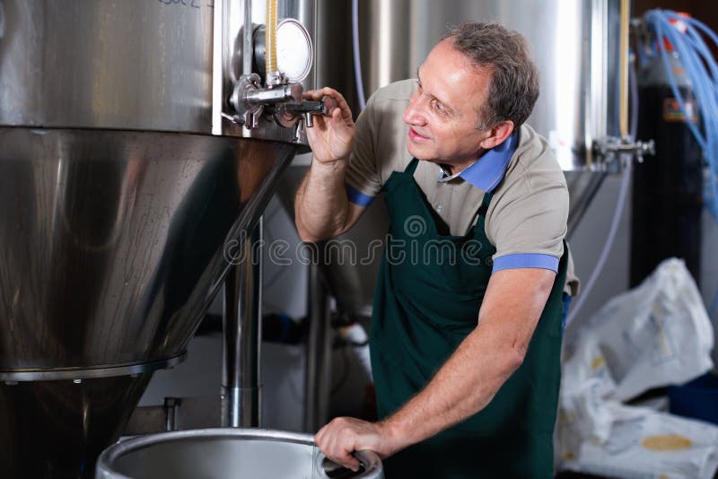 Portrait of Brewer Who is Making Beer and Controls the Process in the ...