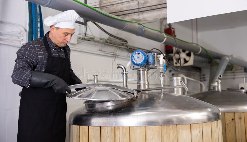 Portrait Brewer Who Making Beer His Workplace Brew House Stock Photos ...