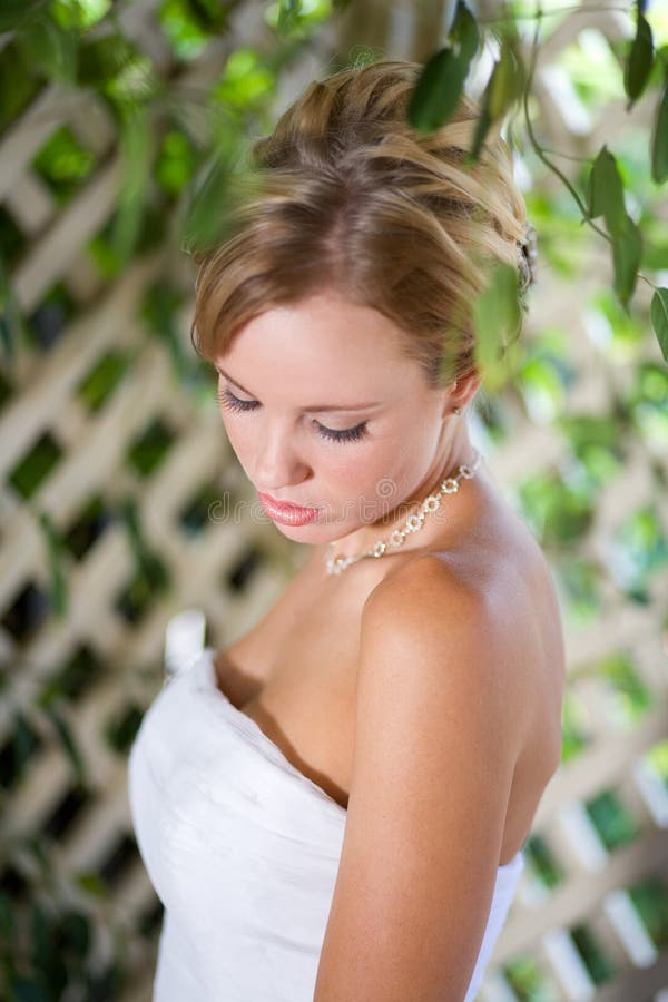Portrait of Bride Looking Down Stock Image - Image of flowers, gown ...