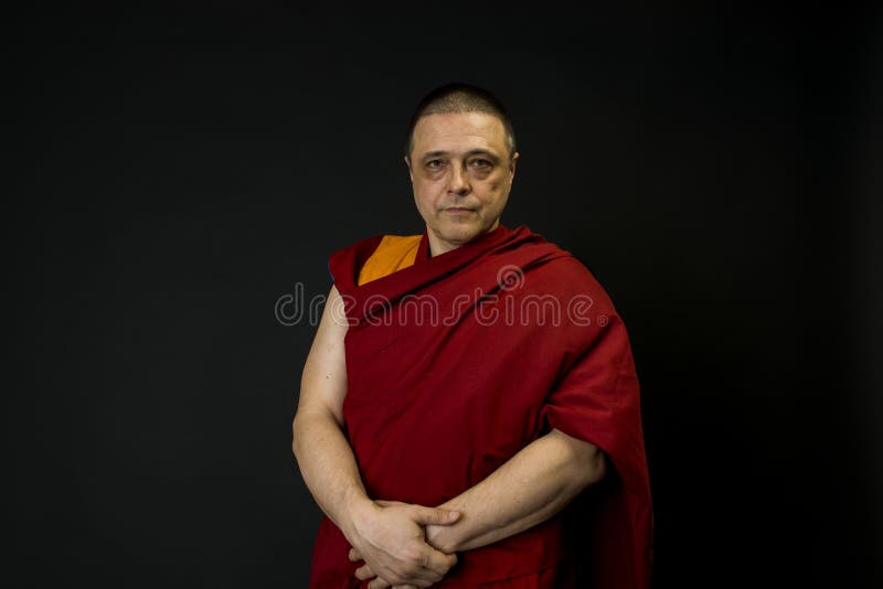 Portrait of a Buddhist Monk in a Ritual Red Kesa Robe for Ceremonies ...