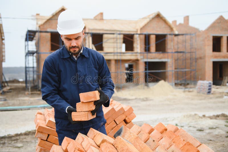 Portrait of a Builder on a Construction Site. Construction of Brick ...