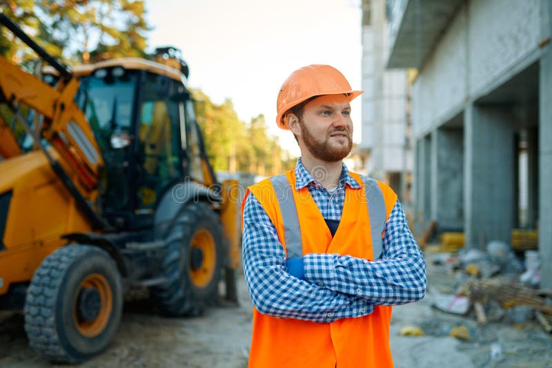 Portrait of Builder Standing at Construction Site Stock Image - Image ...