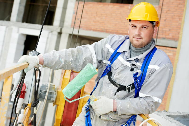 Builder Facade Painter at Work Stock Image - Image of highrise ...