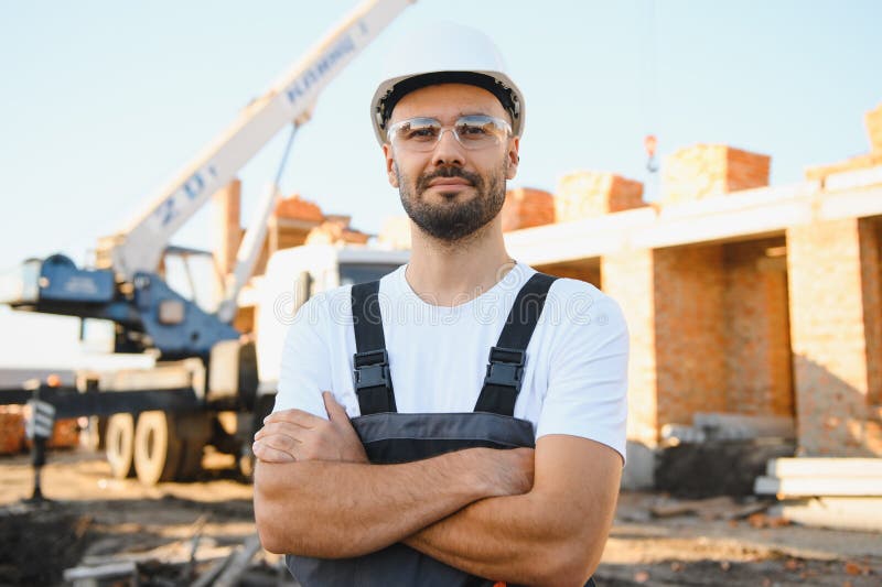 Portrait of a Builder in the Process of Working on a Construction Site ...