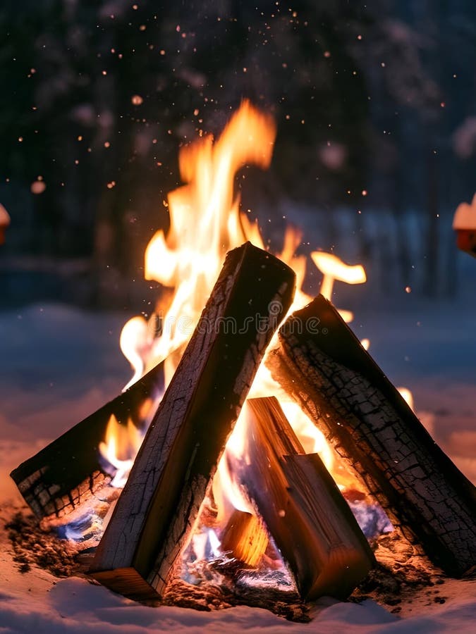Close Up Portrait View of a Burning Campfire in Winter Season Stock ...