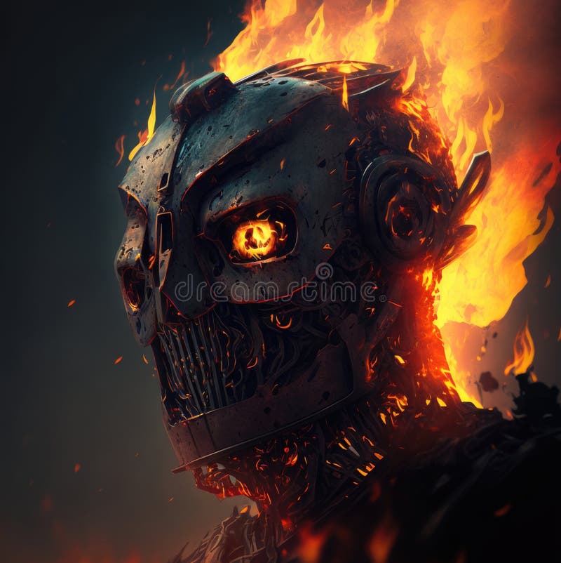 A Portrait of a Burning Steel Robot with Burning Eyes on a Black ...