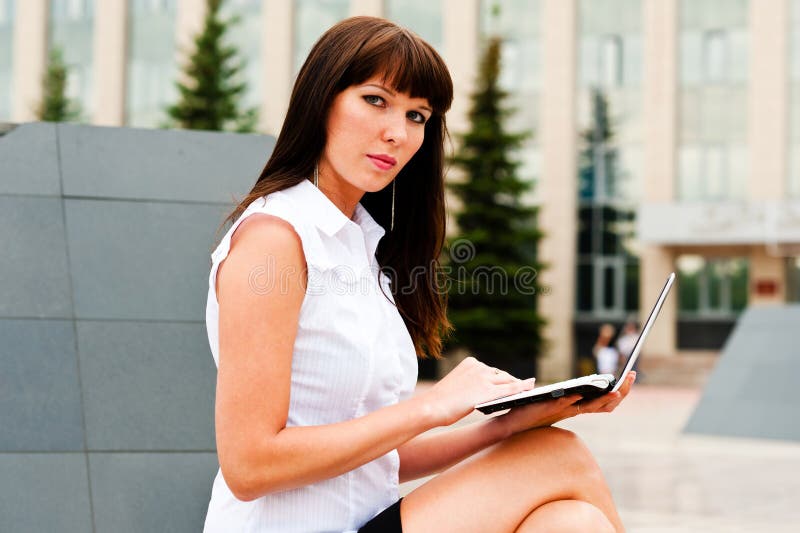 Young woman using iPad stock image. Image of device, businesswoman ...