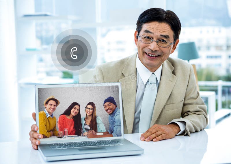 Portrait of Businessman Having Video Call with Colleagues on Laptop in ... Portrait of Businessman Having Video Call with Colleagues on Laptop in ...