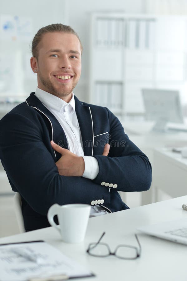 Portrait of a Smiling Beautiful Businessman Using a Laptop. Stock Image ... Portrait of a Smiling Beautiful Businessman Using a Laptop. Stock Image ...