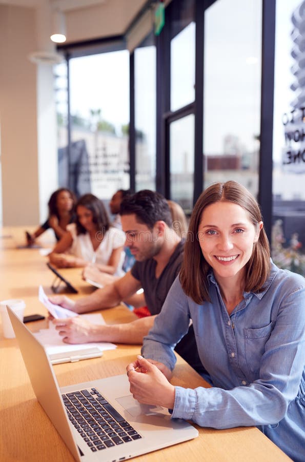 Portrait Businesswoman Working Desk Shared Open Plan Office Workspace ...