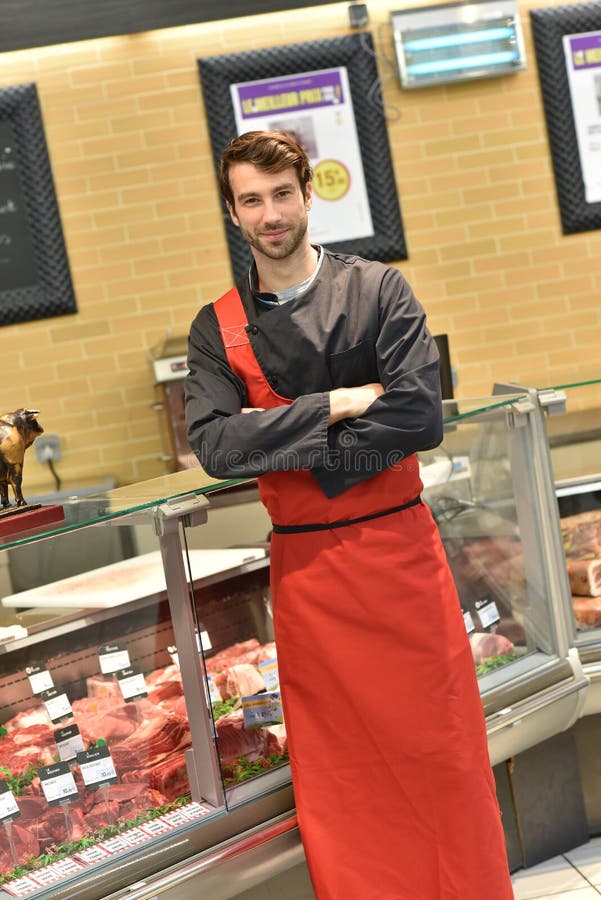 Portrait of Butcher in Supermarket Stock Photo - Image of employee ...