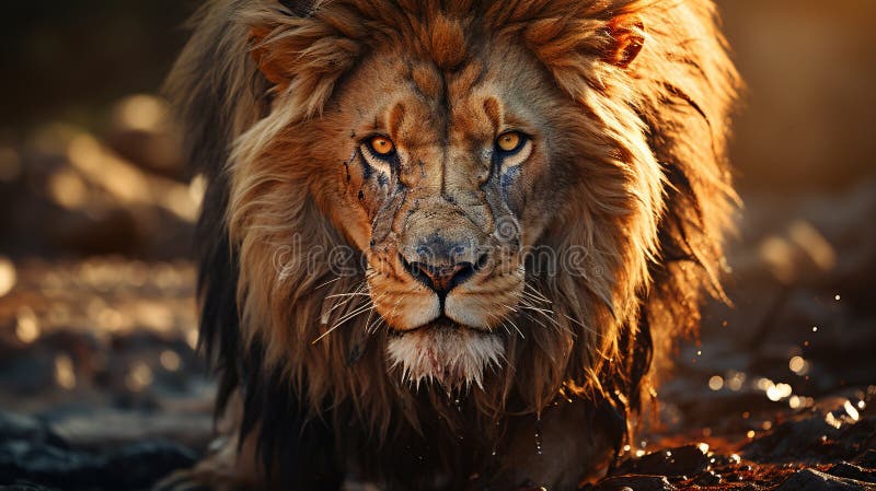 Portrait Calm and Confidence Lion Head Close Up Blurry Background Stock ...