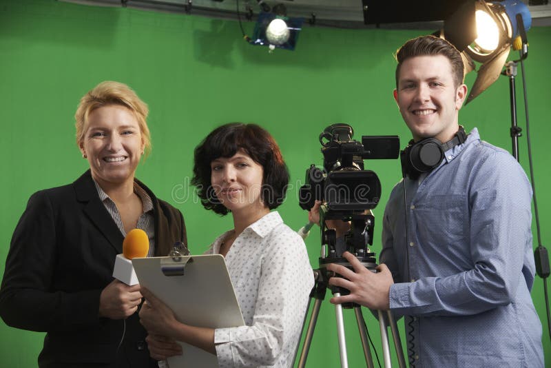 Portrait of Cameraman with Presenter and Floor Manager in Televi Stock ...
