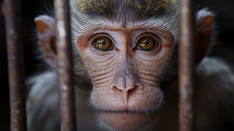 Portrait of a Captive Monkey with Sad Eyes Behind Bars Stock ...