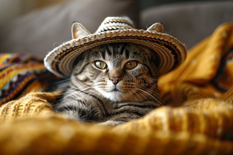 Portrait of Cat with Mexican Hat. Stock Illustration - Illustration of ...