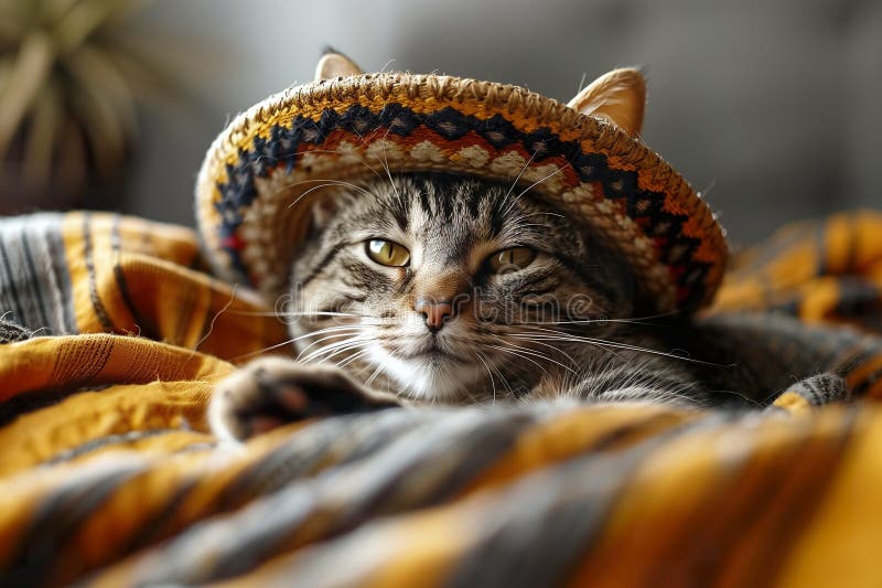 Portrait of Cat with Mexican Hat. Stock Illustration - Illustration of ...