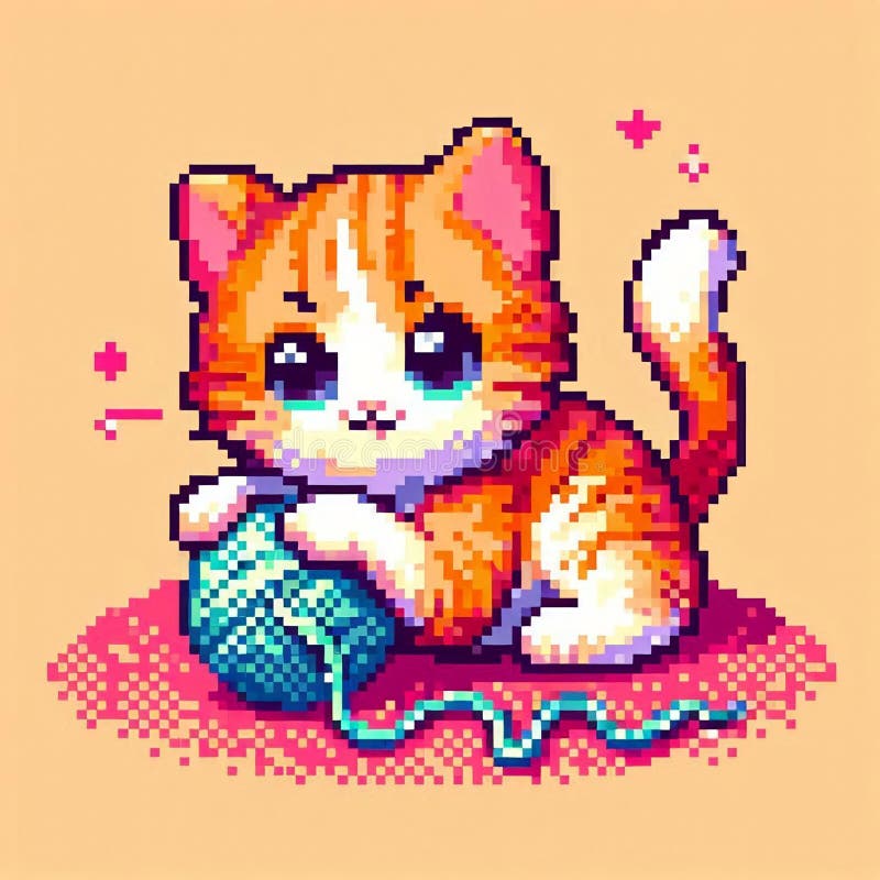 Portrait of a Cat Playing, Pixel Art Stock Illustration - Illustration ...