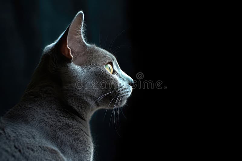 Portrait of Cat Russian Blue in Profile on Black Matte Background ...
