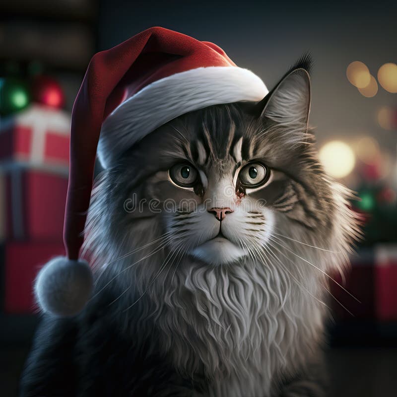 Portrait of Cat with Santa Hat, Illustration Stock Illustration ...