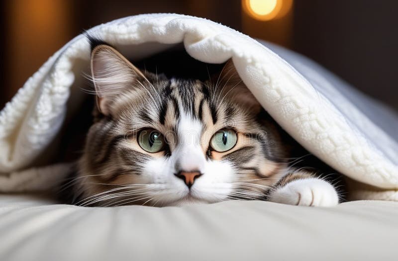 Portrait of a Cat Under a White Blanket Stock Illustration ...