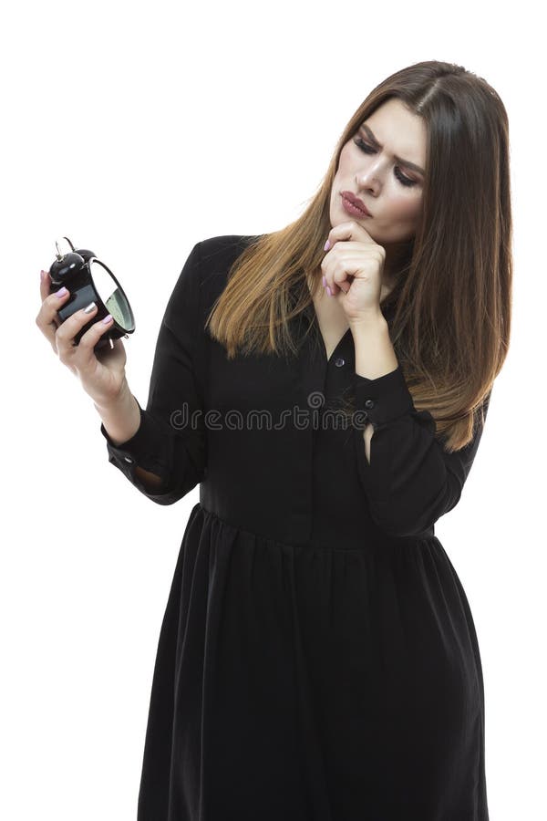 Portrait of Caucasian Female Checking Time with Big Clock. Against ...