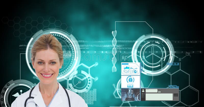 Portrait of Caucasian Female Doctor Smiling Over Digital Interface with ...