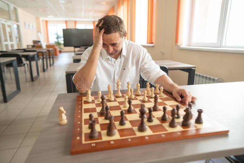Portrait Caucasian Man Playing Chess. Stock Image - Image of ...