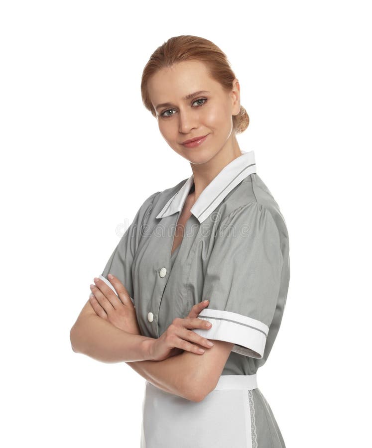 Portrait of Chambermaid in Tidy Uniform on White Background Stock Photo ...