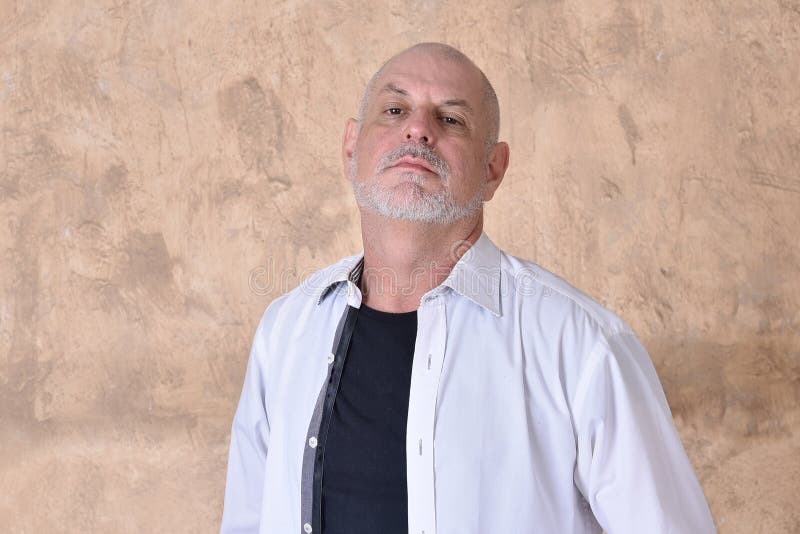 Portrait of Charming Man in Black and White Shirt with Gray Beard and ...