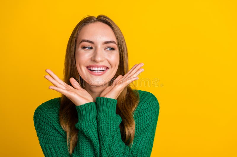 Portrait of Charming Model Touch Cheeks Happy Smiling Looking Empty ...