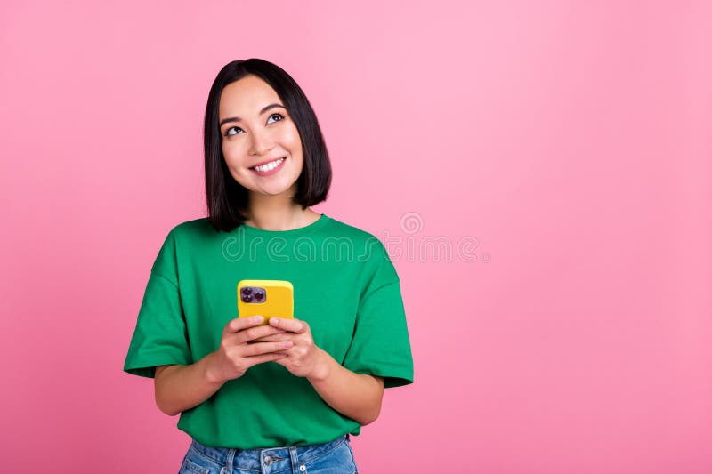 Portrait Of Cheerful Adorable Woman With Straight Hairstyle Wear