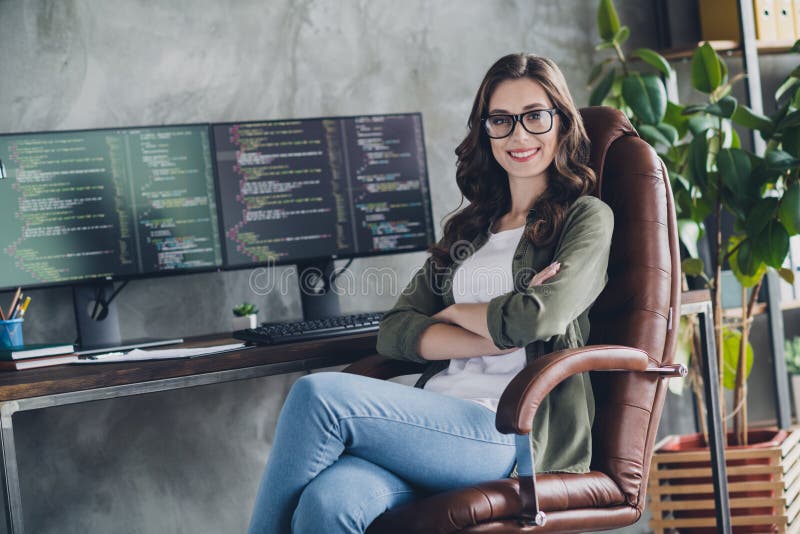 Portrait of Cheerful Attractive Person Web Designer Sit Leather Chair ...