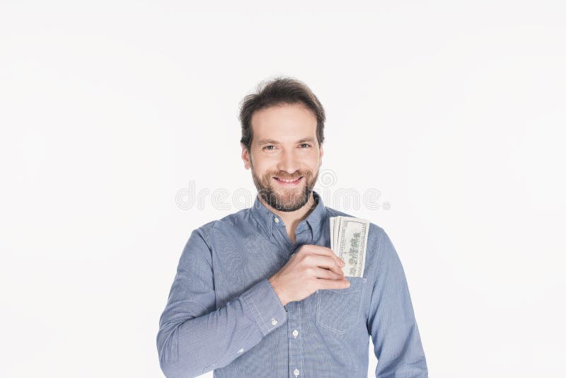 Portrait of Cheerful Bearded Man with Dollar Banknotes in Pocket Stock ...