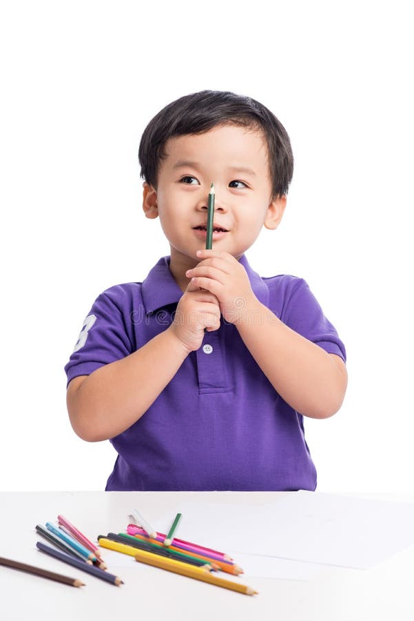 Portrait of Cheerful Boy Drawing with Colorful Pencils Stock Image ...